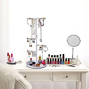 Keebofly Jewelry Tree Stand Organizer - Metal Necklace Organizer Display with Adjustable Height for Necklaces Bracelet Earrings and Ring White