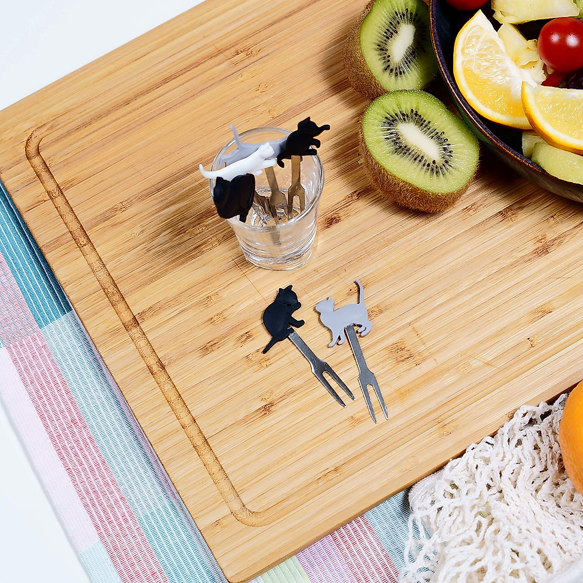 Cocktail Forks, 6-Piece Appetizer Forks, Cat Shapes, Stainless Steel and Silicone Small Forks for Fruits, Cheese, Appetizers