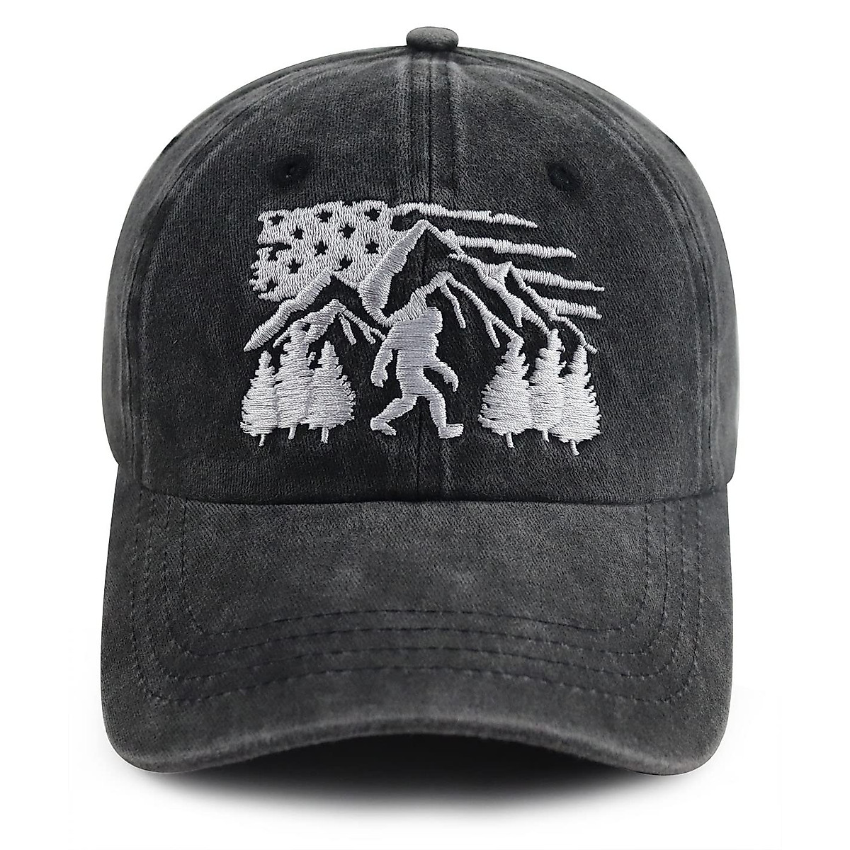 Xucamty Bigfoot Gifts for Men Women, Funny American Flag Forest Mountain Big Foot Baseball Cap, Adjustable Cotton Embroidered Sasquatch Hat, Birthday Gifts for Sasquatch Lovers Outdoor Camping Hunting