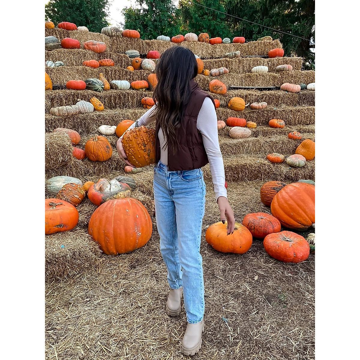 UANEO Womens Cropped Puffer Vest Zip Up Stand Collar Sleeveless Padded Cropped Vest (Brown-M)