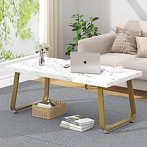 HSH White Marble Coffee Table, Modern Faux Marble Living Room Table, Wood and Metal Legs Center Table, Fashion Rectangular Tea Table for Office Minimalist Cocktail Table, White Marble and Gold, 47 in