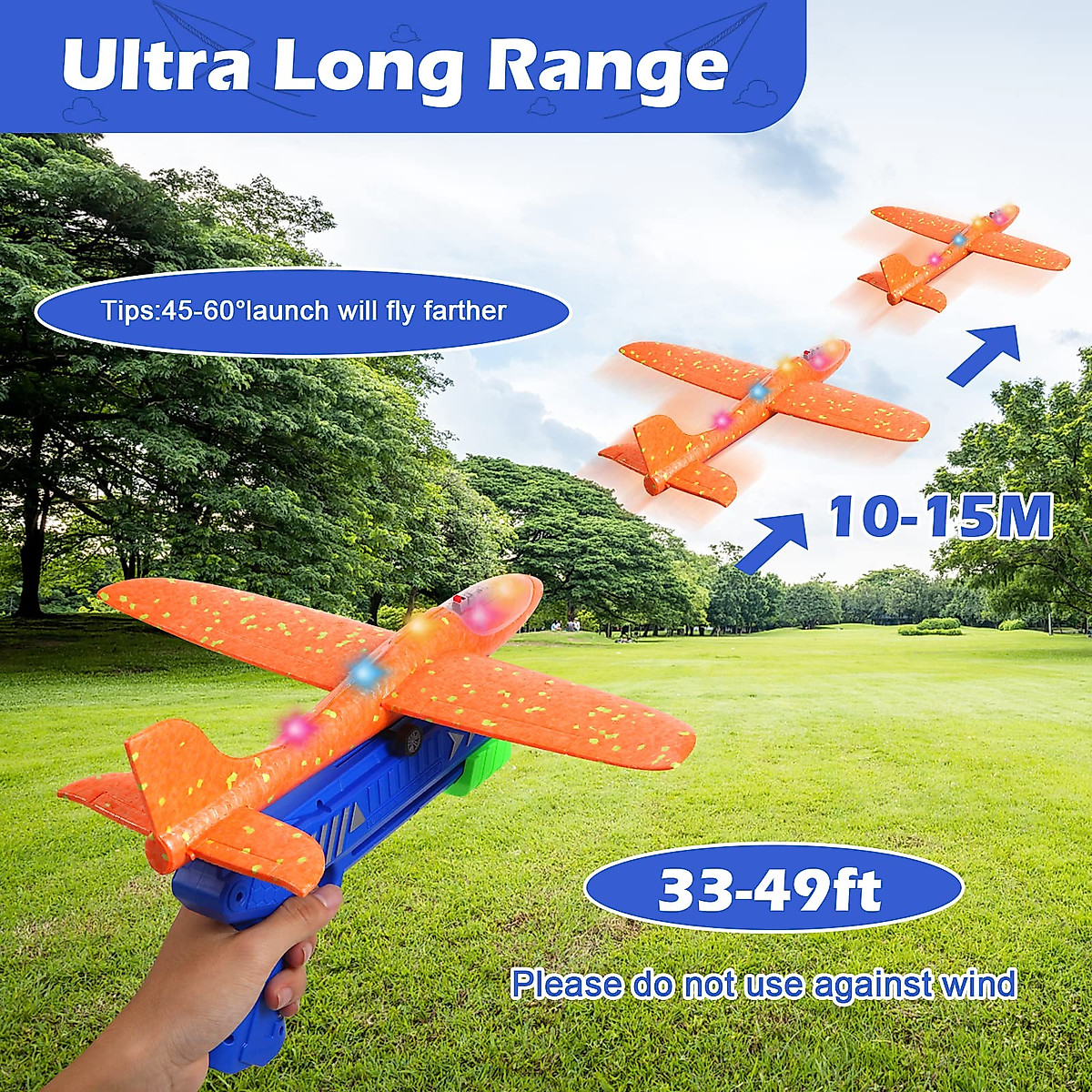 HIKTARME 3 Pack Airplane Launcher Toys, 2 Flight Modes LED Foam Glider Catapult Plane Toy for Kids, Outdoor Flying Airplane Games Toys Birthday Gifts for Boys Girls 4 5 6 7 8 9 10 11 12 Year Old