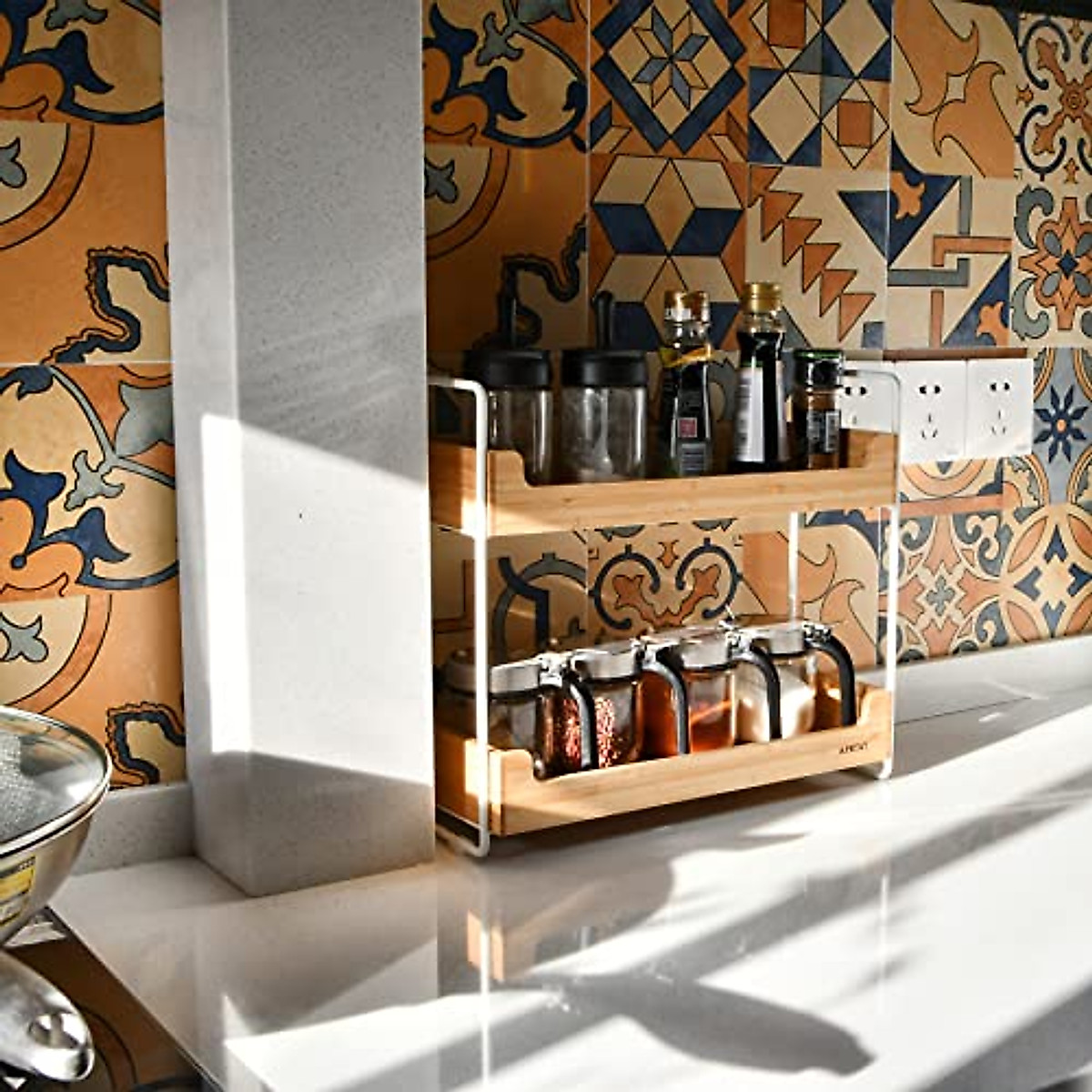 APRTAT Bamboo Bathroom Countertop Organizer, 2 Tier Bathroom Tray, Countertop Storage Shelf, Standing Rack Cosmetic Holder, Spice Rack for Makeup Cosmetic Perfume Skincare Bathroom Supplies and More