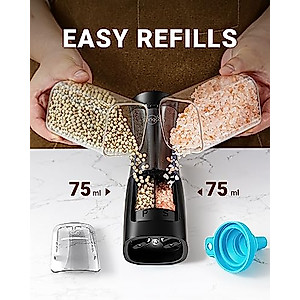 2 in 1 Electric Salt and Pepper Grinder Set Shaker USB Rechargeable, Sangcon Salt and Pepper Grinder Mill Set Dual In One, Automatic Refillable Adjustable Coarseness Ceramic Grinder with Light