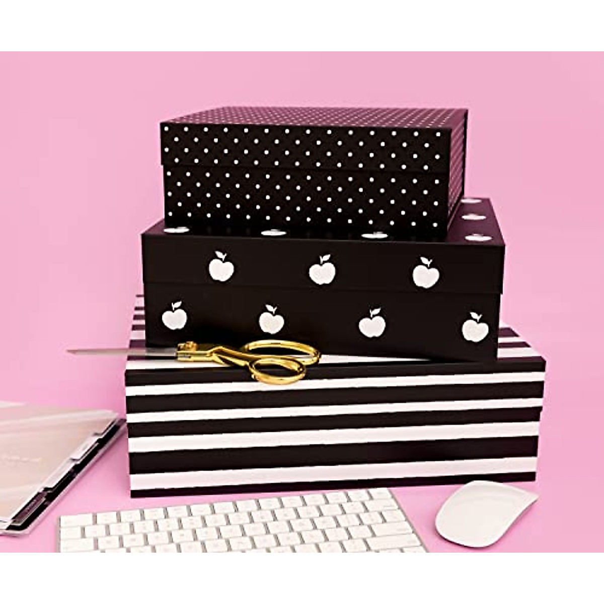 Kate Spade New York Black Decorative Storage Boxes with Lids, 3 Pack Sturdy Organizer Storage Bins, Includes Small Medium Large Pink Nesting Boxes with Magnetic Closure, Dots and Stripes