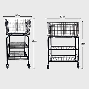 HENNZE Rolling Laundry Basket on Wheels,3 Tiers- Garment Storage Cart,Easy Moved Basket for Organizer,Black Metal Basket with Wheels, Garment Metal Rack for Clothes Wash and Dry Sort（Black