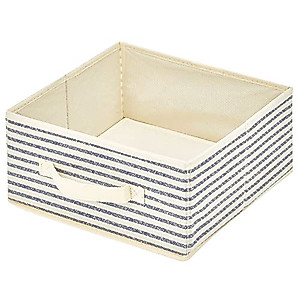 mDesign Soft Fabric Closet Organizer Box with Front Pull Handle for Shelves in Bedroom, Bathroom, Home Office - Holds Clothing, Linens, Accessories, Lido Collection, 4 Pack, Natural/Cobalt Blue Stripe