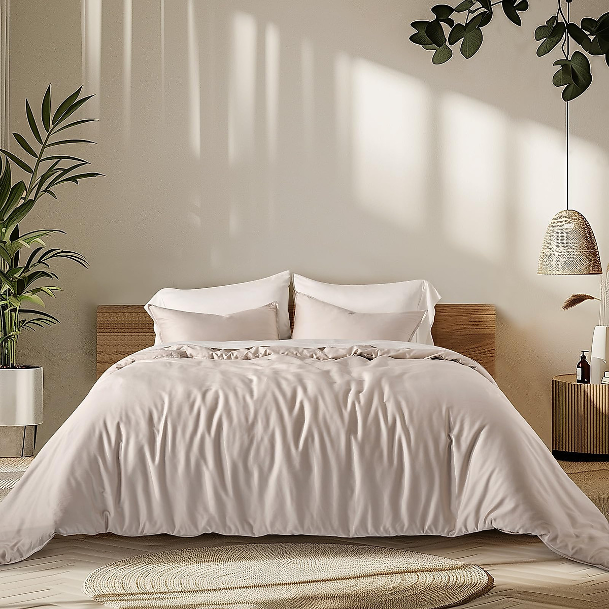 EVERGRACE Cotton Tencel Duvet Cover Set Queen Size, Silky Soft Cooling Duvet Cover for Hot Sleepers, Luxe Eucalyptus Lyocell Comforter Cover, Breathable Organic Bedding Set with 2 Shams, Beige Sand