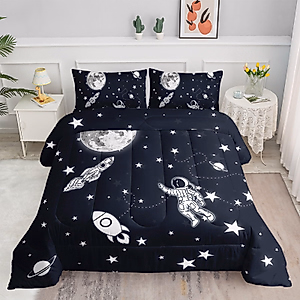 Datura home Kids Comforter Set Astronaut Space Rocket Printed Pattern Quilt Bedding Set with 1 Comforter and 2 Pillowcases for Girls Bedroom All Season(Space Rocket Twin), Twin 68x86inches