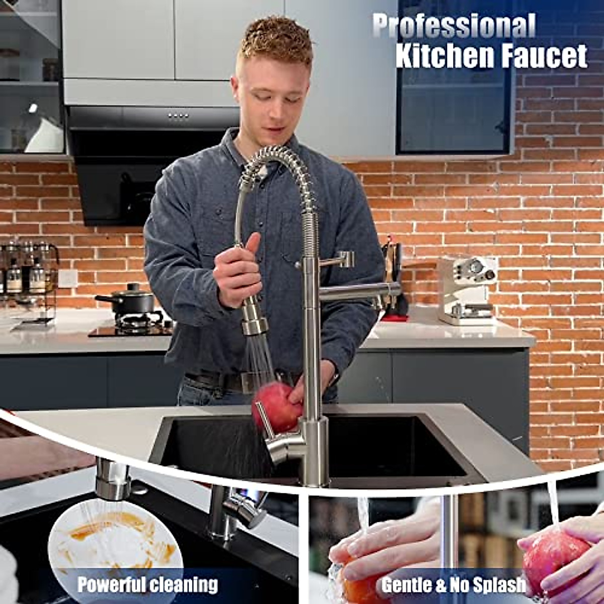 APPASO Kitchen Faucet with Pot Filler, Commercial Pre-Rinse High Arc Kitchen Sink Faucet with Pull-Out Spring Spout, Professional Single Handle Faucets for Kitchen Sink, Brushed Nickel