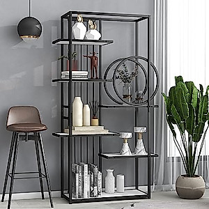 TRIPLE TREE 6 Tiers Bookcase,Open Bookshelf with Black Metal Frame,Storage Large Book Shelf Furniture for Living Room Bedroom Home Office