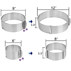 KEILEOHO Layer Cake Slicer Set, 2 PCS Stainless Steel Adjustable 7 Layered Bread Cutter Ring with Respective Diameter of 6-8 Inches and 9-12 Inches 3.4 Inches High