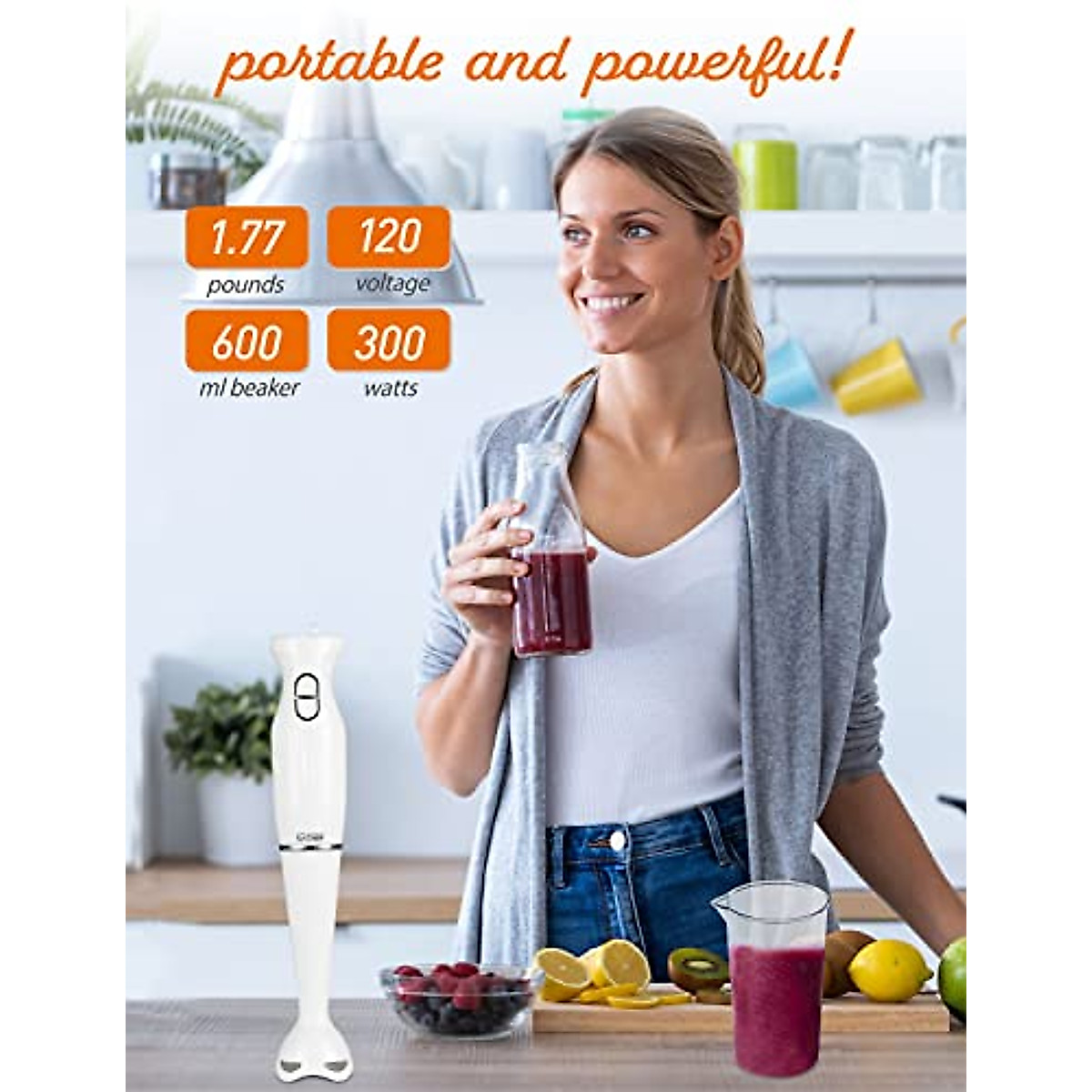 COMMERCIAL CHEF Immersion Blender, Hand Blender with Stainless Steel Blades, Immersion Blender with Quiet Motor, Electric Mini Blender for Delicious Food