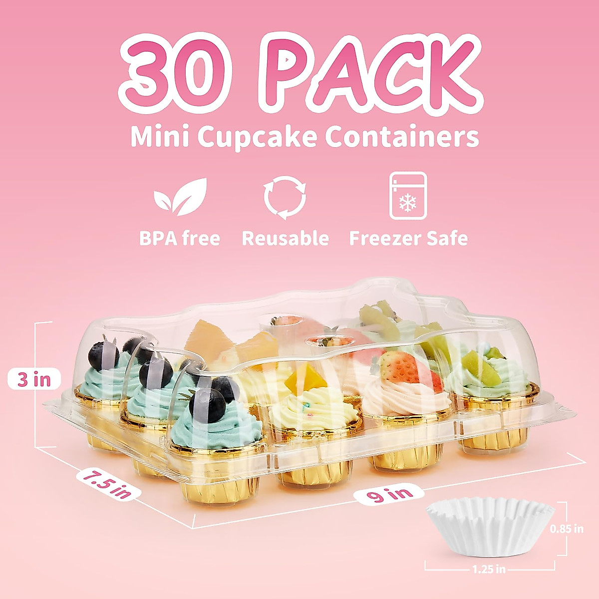 (12 Pack x 30 Sets) Gencywe Mini Cupcake Containers with 375 Pack Cupcake Liners, Plastic Cupcake Holder with High Dome, Stackable Mini Cupcake Boxes Carrier, Clear Disposable Cupcake Trays -MINI SIZE