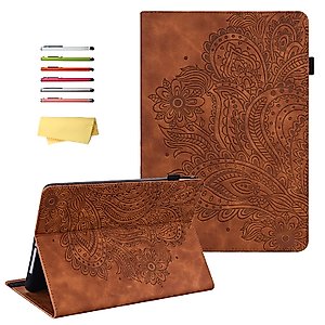 UUcovers for iPad 10th Generation Case 10.9 Inch 2022 with Pencil Holder/Pocket/Band/Embossed Floral Pattern/PU Leather/Soft TPU Wallet Folio Stand Magnetic Shockproof Cover, Brown Peacock Flower