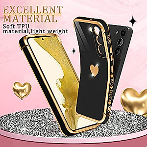 Atump Compatible with Samsung Galaxy S22 Case with HD Screen Protector Shockproof Protection, Love Heart Plating Girly Women Cute Soft TPU Luxury Elegant Case for Galaxy S22 5G Case, Black