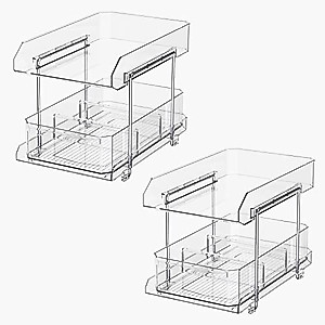 SANNO 2 Tier Clear Organizer with Dividers, Kitchen Pantry Pull-Out Under Sink Organizer Sliding Storage Drawers Baskets, Medicine Bins Bathroom Vanity Counter Organizing Tray