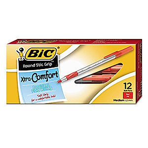 BIC America GSMG11RD Round Stic Grip Xtra Comfort Ballpoint Pen, Red Ink, Medium, Dozen (Pack of 12 pens)