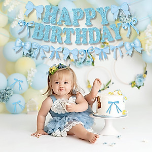 Bow Happy Birthday Banner Garland, Pre-Strung Blue Coquette Bow Birthday Banner for Bow Birthday Party Decorations, Coquette Birthday Decortions, Bow Party Decorations