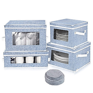 homyfort China Storage Containers for Mug, Stemware Storage and Plates, China Dishes Coffee Tea Cups Mugs Wine Glasses Transport, Hard Shell and Stackable, Includes 24 Felt Protectors Set of 4 (Blue)