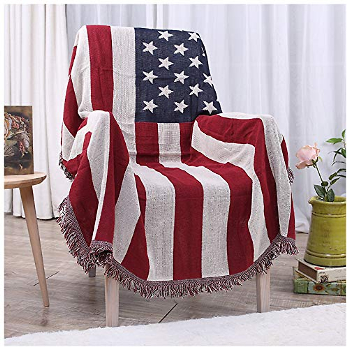 MayNest American Flag Throw Blanket Reversible Soft Woven Cotton Thick Large Tassels Rug Vintage USA Military United States Print Knit Tapestry Chair Recliner Loveseat Couch Sofa Cover (Small: 71x51)