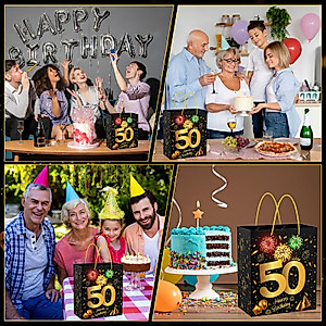 VANSHINIEER 50th Birthday Gift Bag with Fireworks Light and Music, Large Size Black Gold Gift Wrap Bag with Handles for 50th Birthday Party Decorations Supplies
