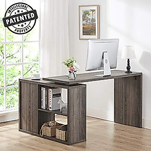 HSH L Shaped Computer Desk, Rustic Wood Corner Desk, Industrial Writing Workstation Table with Cabinet Drawer Storage for Home Office Study, Grey 55 inch