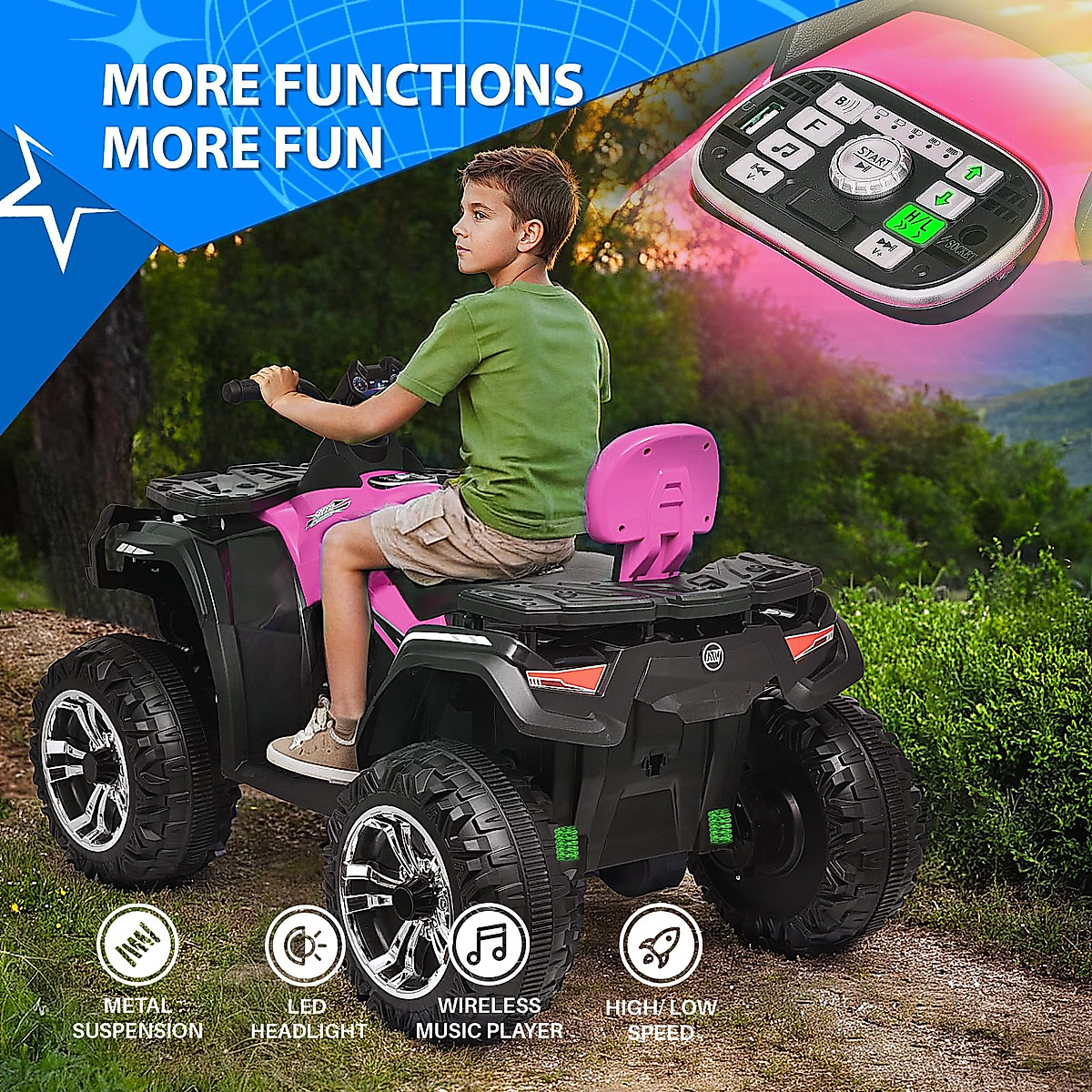 Joywhale 24V 2-Seater Ride on ATV 4WD Quad Powerful 4-Wheeler Electric Car for Big Kids, with 400W Strong Engine, 9AH Large Battery, Metal Suspension, Soft Braking, Music & Bright Headlights, Pink
