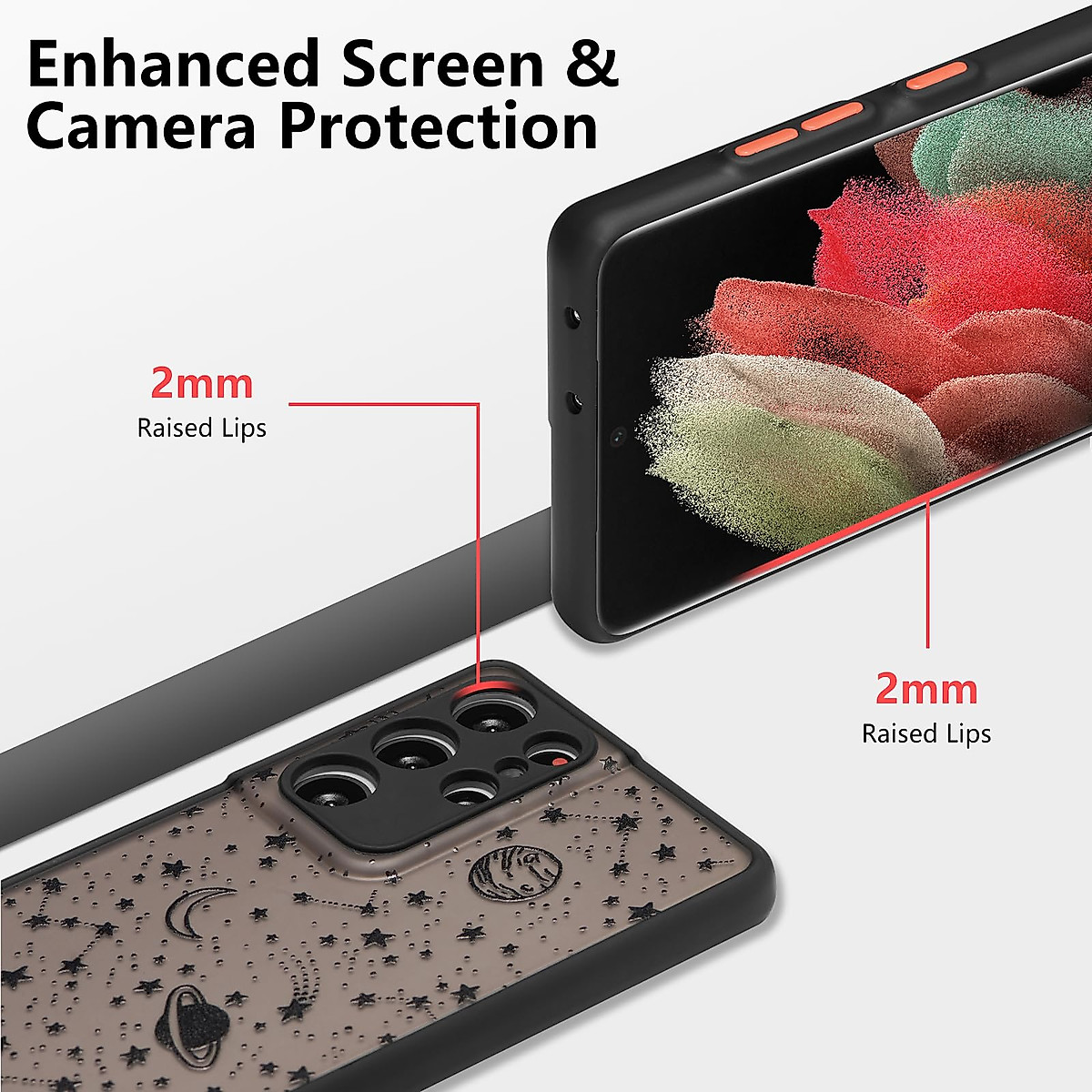 ZTOFERA Compatible with Samsung Galaxy S21 Ultra 5g Case (6.8 Inch), Planet Sky Star Pattern Protective Phone Case Translucent Frosted Hard PC Back Case Silicone Bumper Shockproof Cover - Black Sky