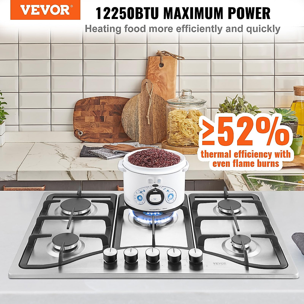 VEVOR 30-inch Gas Cooktop, 5 Burners Built-in Gas Stove Top, Max 12250BTU NG/LPG Convertible Stainless Steel Natural Gas Hob, with Thermocouple Protection for Camping, RV, Apartment