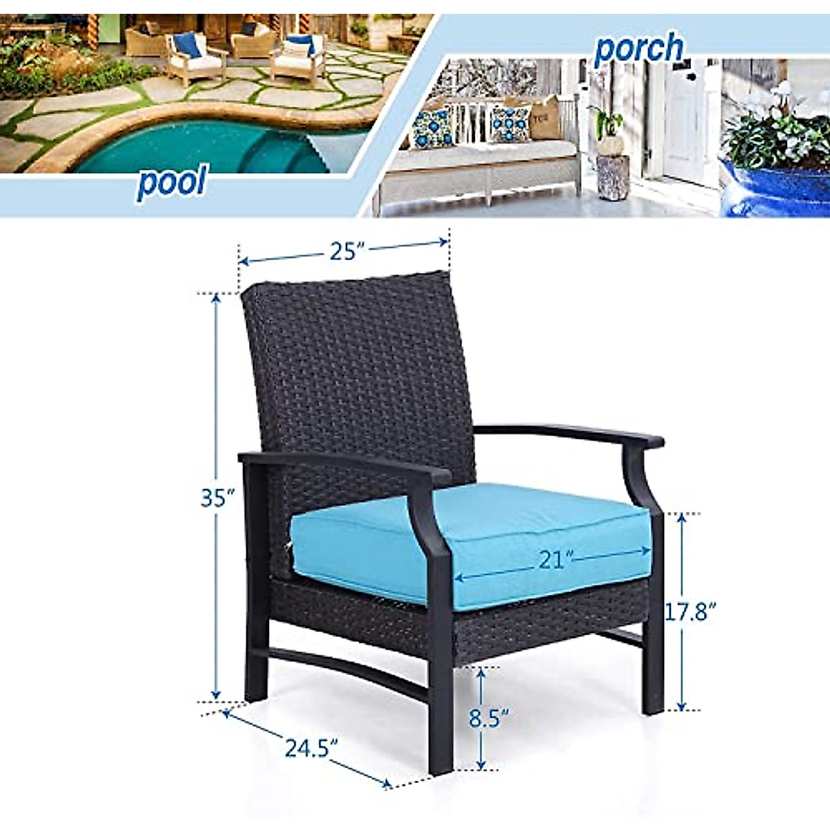 Sophia & William Patio Wicker Dining Chairs Set of 2, Rattan Cushioned Armrest Sofa Chairs with Thick Cushion, 2 Piece Rattan Single Sofa Chair for Patio,Deck,Porch,Yard