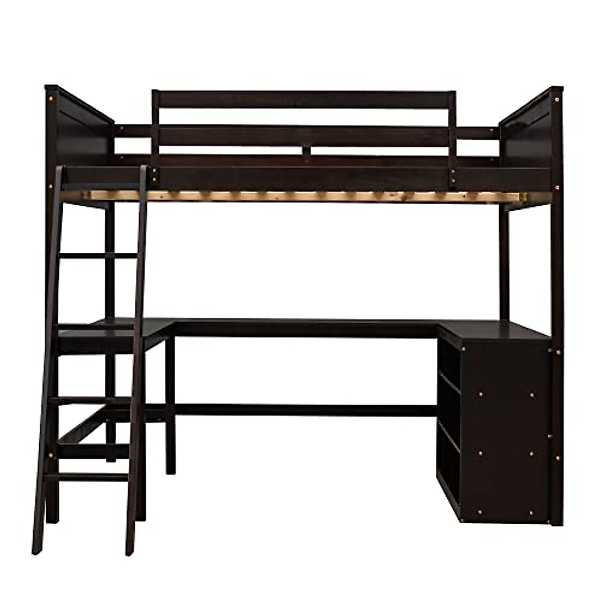 BOVZA Full Size Loft Bed with Desk and Shelves, Wooden Full Loft Bed Frame with Safety Guardrails for Kids Teens Adults, Espresso