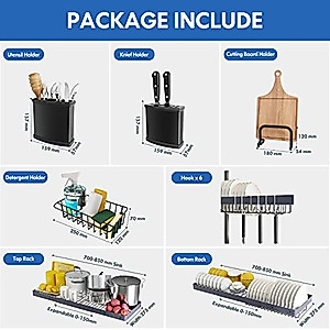 BOOSINY Over The Sink Dish Drying Rack, 2 Tier Stainless Steel Large Adjustable Kitchen Dish Drainer, Home Storage Organizer Shelf Above Counter with 6 Hooks