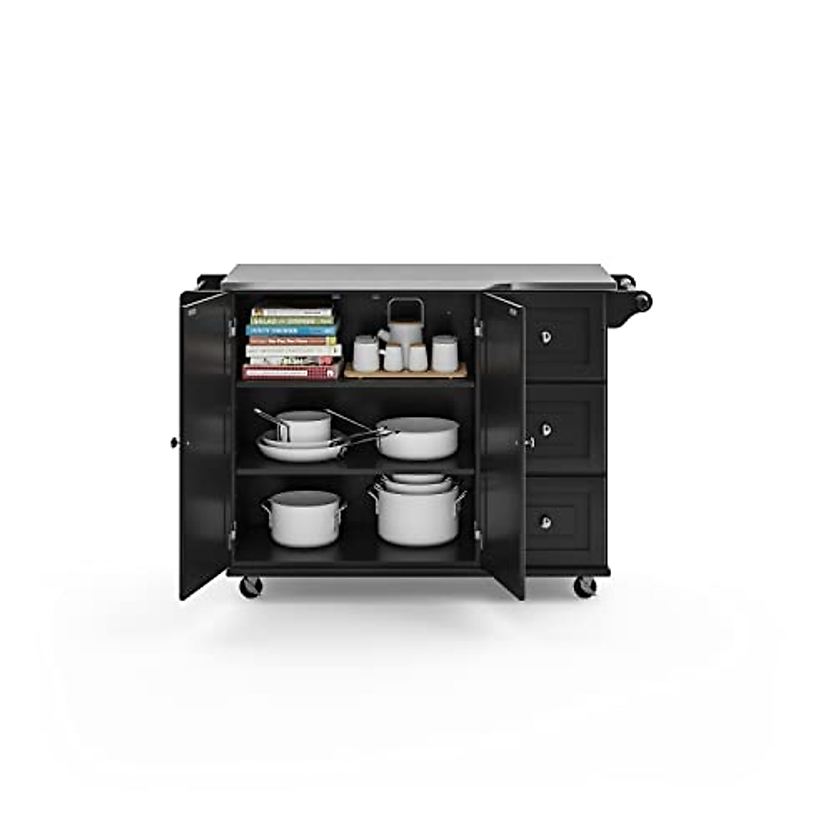 Homestyles Kitchen Cart with Stainless Steel Metal Top, Rolling Mobile Kitchen Island with Storage and Towel Rack, 54 Inch Width, Black