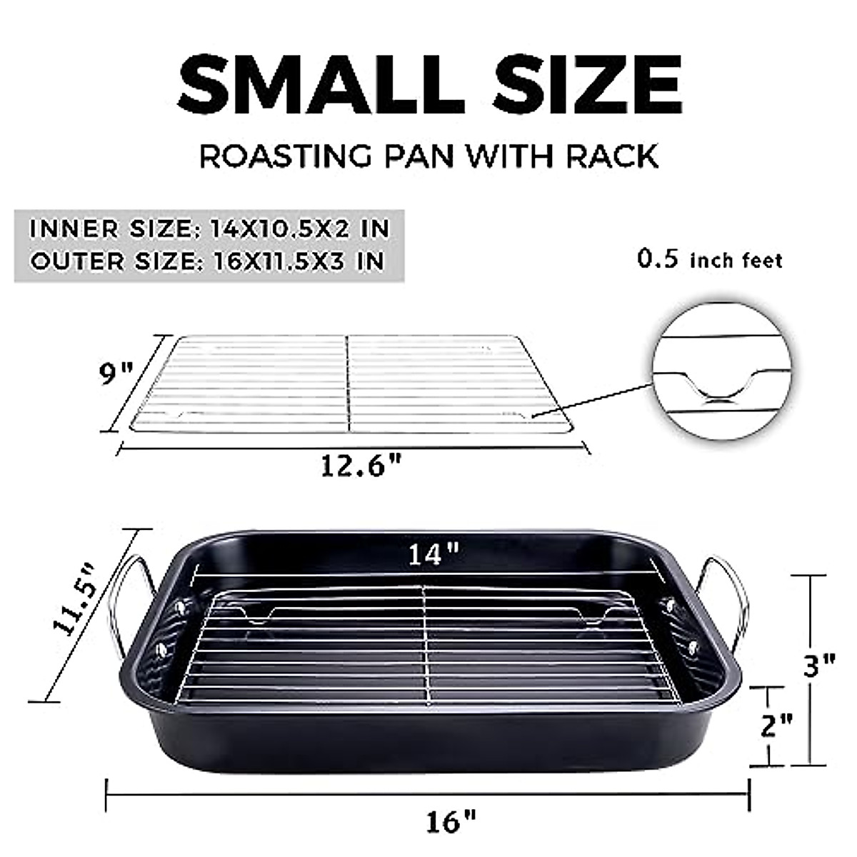 HONGBAKE Small Roasting Pan with Flat Rack, Nonstick Chicken Roaster Tray, Mini Oven Pans for Cooking Lasagna with Stainless Steel Handles, 14 X 11Inch