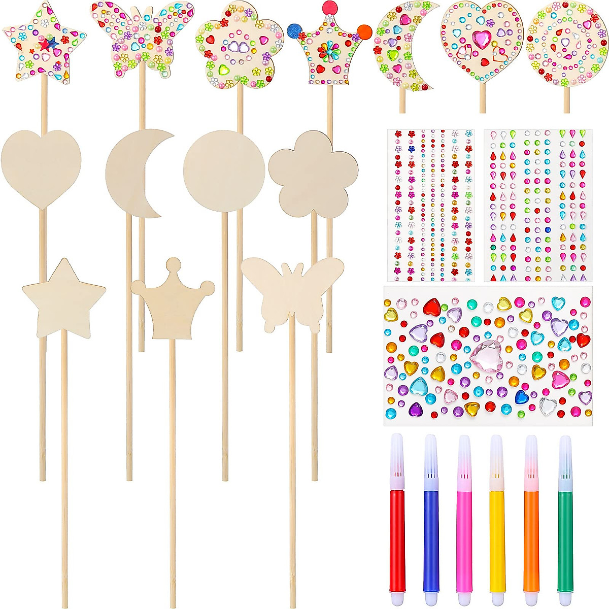 30 Pieces Princess Fairy Wands Kit Include 21 Wooden Fairy Wands Make Your Own Princess Wand, 6 Watercolor Brushes and 3 Gem Stickers Unfinished Wooden DIY Fairy Wand Art Craft Kit for Party Supplies