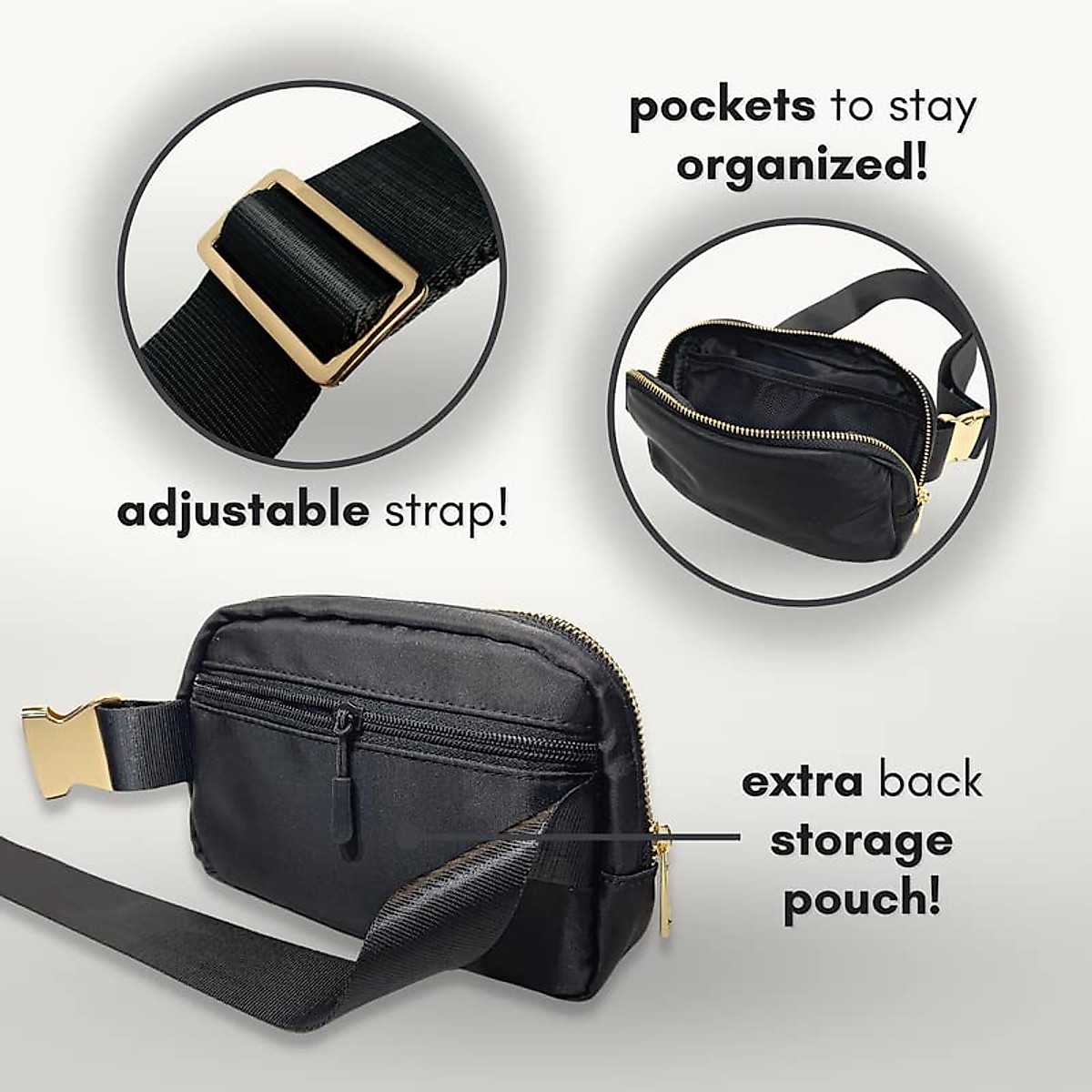 Boutique Belt Bag | Crossbody Bag Fanny Pack for Women Fashionable | Cute Mini Everywhere Bum Hip Waist Pack | Small Fashion Travel Chest Bag | Gold Accessories | Adjustable Extended Strap | Black