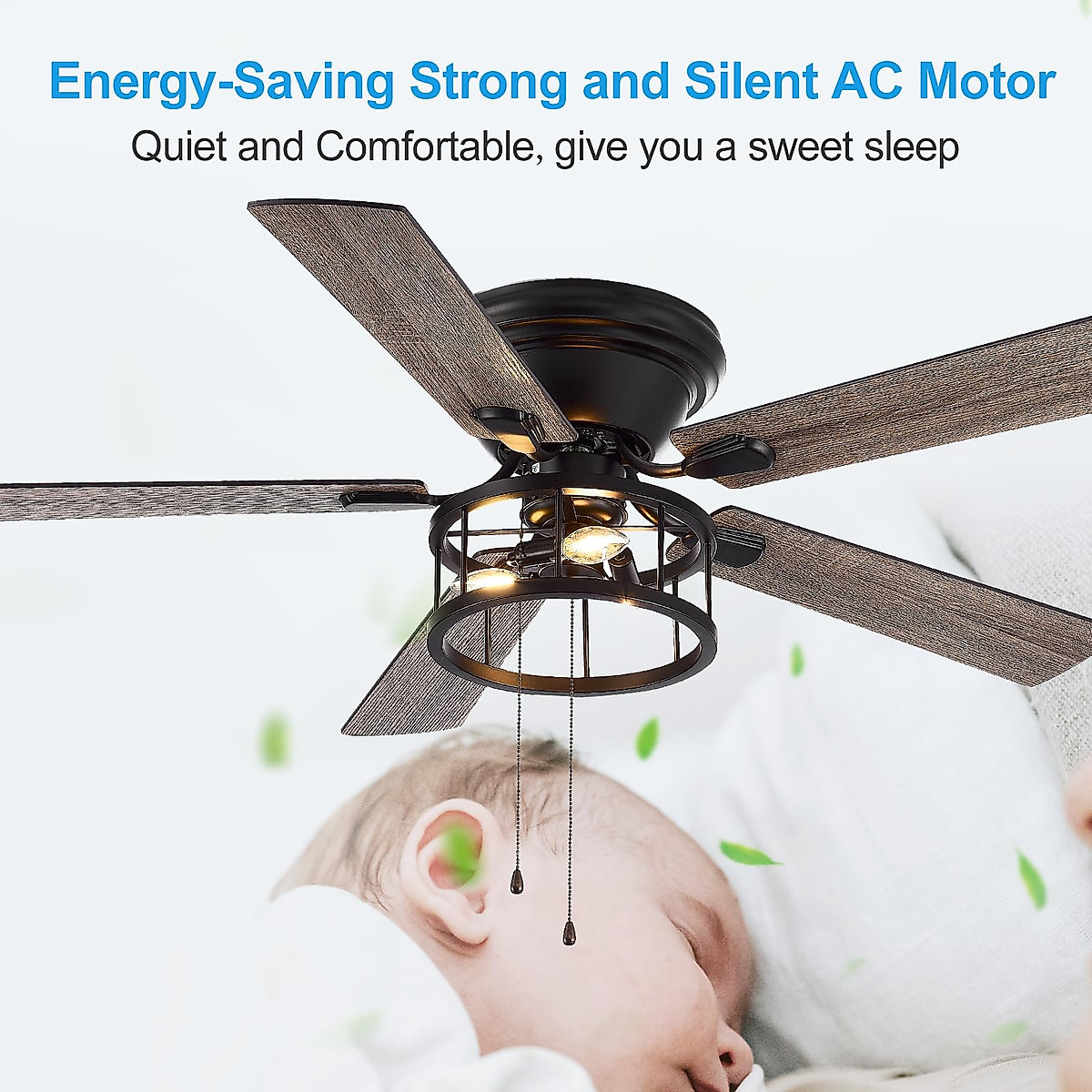 Breezary 52 inch Flush Mount Ceiling Fan with Light Pull Chain, 5 Reversible Blades, Farmhouse Low Profile Crystal Lighting Ceiling Fan Chandelier for Bedroom Living Room