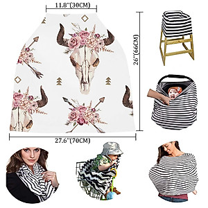 Car Seat Canopy Nursy Cover, Cow Head Skull with Pink Flowers and Arrows Multi Use Breastfeeding Scarf for Infant Carseat Canopy, Stroller, Shopping Cart, Highchair