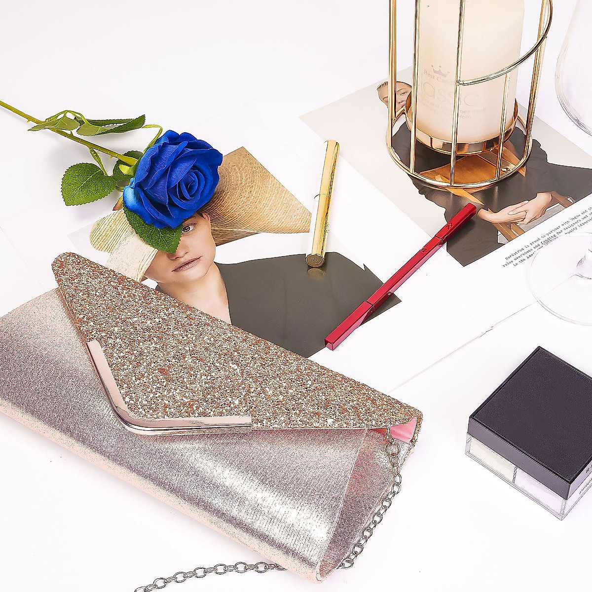 Women Evening Envelope Handbag Prom Sequin Clutch Purse Shoulder Cross Body Bag (Pink)