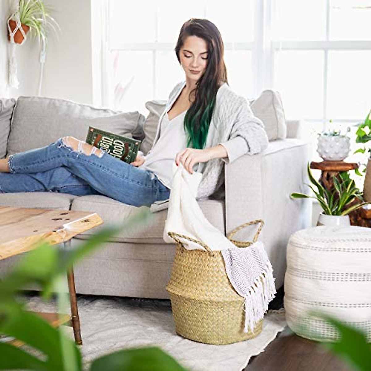 Seagrass Belly Basket with Handles – 12.6"x11" - 100% Hand Woven from Sustainably Grown Seaweed – Decorative Basket for Living Room and Bedroom and for Storage of Blankets, Laundry and Toys