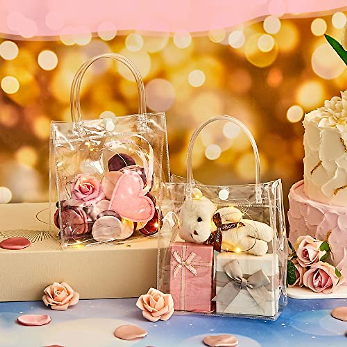 24 Pcs LED Light Clear Plastic Gift Bags Wedding Gift Bags with LED Fairy Lights Reusable Transparent PVC Gift Wrap Bag with Handle for Christmas Thanksgiving Wedding Birthday Baby Shower Party Favor