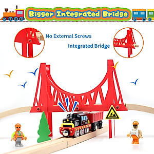 WOOD CITY Wooden Train Set, 56-Piece Deluxe Kids Toy Train Set for 2 3 4 5 Year Old Boy, Cargo-Themed Train Track with Tower Crane & Suspension Bridge - Fits Thomas Brio Chuggington Melissa Orbrium