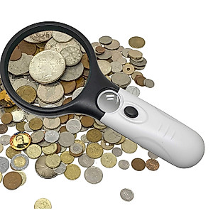Lighted Magnifying Glass with 3X Magnifier for Reading and 45x Loupe Use as Magnifying Lens, Jewelers Loupe, or Coin Magnifying Glass with Light, or Handheld Small Magnifying Glass for Reading Labels