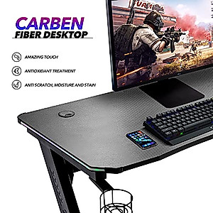 S*MAX Gaming Desk with LED Lights Real RGB Leg Led Gaming Desk Wireless Charging & USB Pad Carbon Fiber Finish Large Z Shaped Gaming Table 47 Inch Cup Holder Headphone Hook Home Gaming Desk Black