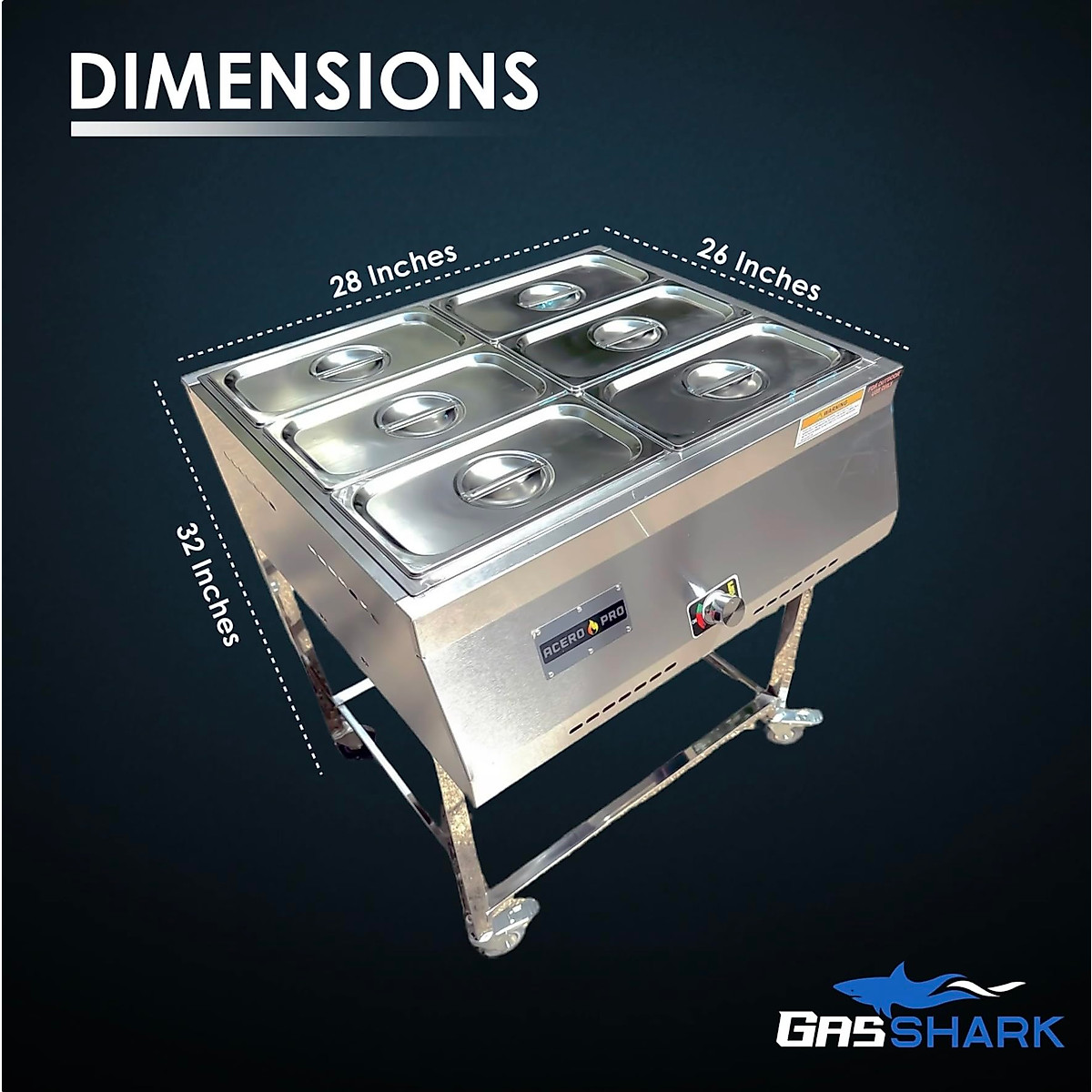 Acero Pro 6 Container Outdoor Steam Table Food Warmer Cart - Bain Marie - 6 Standard 1/3 Pans (12" x 6" x 4") - 30 Quarts Total - Stainless Steel - Propane Powered - Portable for Catering & Events