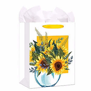 FaCraft Sunflower Gift Bag 13" Watercolor Flower and Vase Gift Bag Large Gift Bag with Tissue Paper for Birthdays, Mothers Day,Anniversary,Baby Shower,Bridal Shower Sunflower Party Supplies