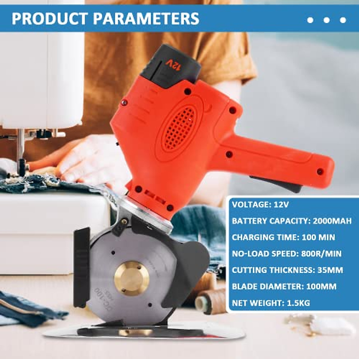 Electric Rotary Cutter Cordless Electric Scissors for Cutting Fabric Rechargeable Shears 100mm Cloth Cutter Cutting Thickness 35mm (2 Batteries)