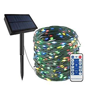 MZD8391 300LED Outdoor Solar String Lights with 8 Lighting Modes, 105 Feet Waterproof Solar Powered Lights for Indoor Outdoor Christmas Patio Garden Yard Wedding Party Tent Tree Decor, Multi-Color