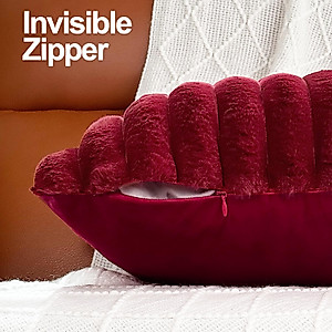 12x20 Throw Pillow Covers Set of 2, Decorative Faux Fur Covers for Bed, Couch Soft Fluffy Pillow Cover with Velvet Back for Living Room, Neutral Home Décor Accent for Sofa - Wine Red